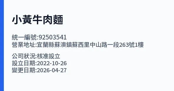 小黃牛肉麵的照片-統編 92503541(宜蘭縣) 公司登記資料與營業項目詳細圖表