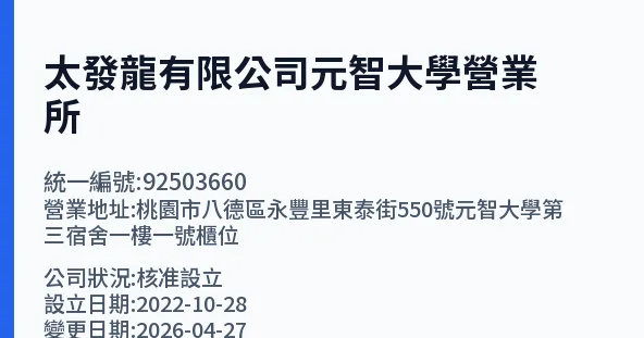 太發龍有限公司元智大學營業所的照片-統編 92503660(桃園市) 公司登記資料與營業項目詳細圖表
