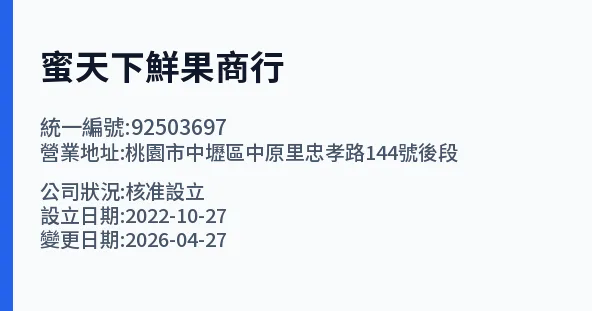 蜜天下鮮果商行的照片-統編 92503697(桃園市) 公司登記資料與營業項目詳細圖表