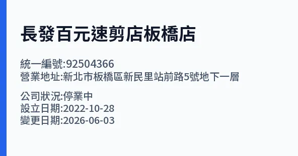 長發百元速剪店板橋店的照片-統編 92504366(新北市) 公司登記資料與營業項目詳細圖表