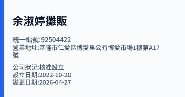 余淑婷攤販的照片-統編 92504422(基隆市) 公司登記資料與營業項目詳細圖表