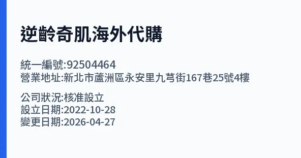 逆齡奇肌海外代購的照片-統編 92504464(新北市) 公司登記資料與營業項目詳細圖表