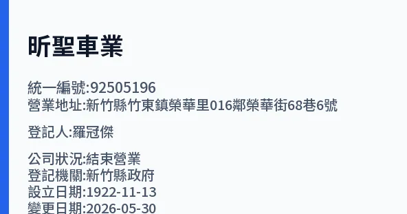 昕聖車業的照片-統編 92505196(新竹縣) 公司登記資料與營業項目詳細圖表
