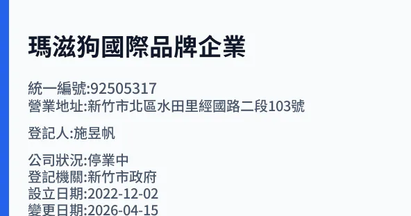瑪滋狗國際品牌企業的照片-統編 92505317(新竹縣) 公司登記資料與營業項目詳細圖表