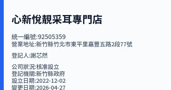心新悅靚采耳專門店的照片-統編 92505359(新竹縣) 公司登記資料與營業項目詳細圖表
