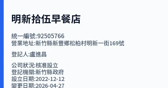 明新拾伍早餐店的照片-統編 92505766(新竹縣) 公司登記資料與營業項目詳細圖表