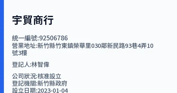 宇貿商行的照片-統編 92506786(新竹縣) 公司登記資料與營業項目詳細圖表