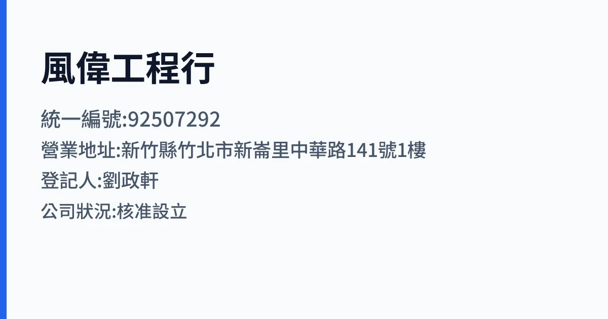 風偉工程行 - 統編 92507292(新竹縣) 公司登記資料與營業項目詳細圖表