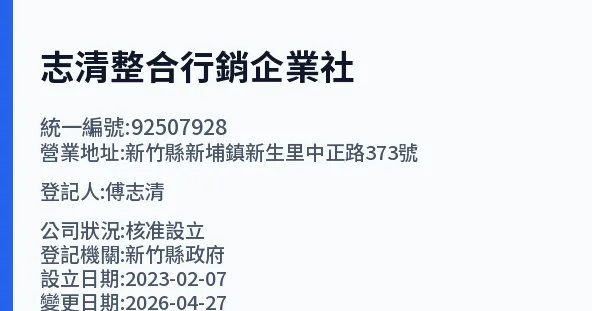 志清整合行銷企業社的照片-統編 92507928(新竹縣) 公司登記資料與營業項目詳細圖表