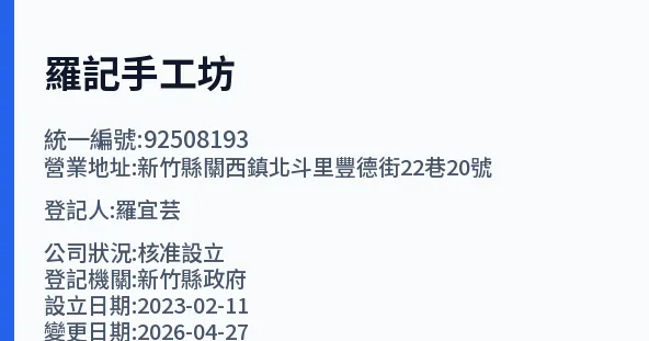 羅記手工坊的照片-統編 92508193(新竹縣) 公司登記資料與營業項目詳細圖表