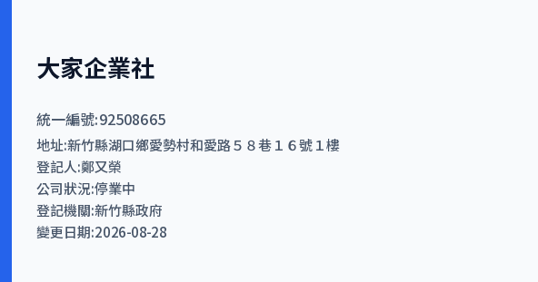 大家企業社的照片-統編 92508665(新竹縣) 公司登記資料與營業項目詳細圖表