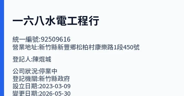 一六八水電工程行的照片-統編 92509616(新竹縣) 公司登記資料與營業項目詳細圖表