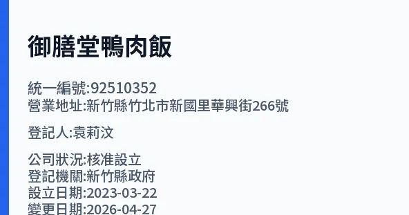 御膳堂鴨肉飯的照片-統編 92510352(新竹縣) 公司登記資料與營業項目詳細圖表