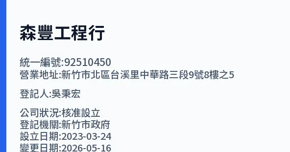森豐工程行的照片-統編 92510450(新竹市) 公司登記資料與營業項目詳細圖表