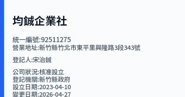 均鋮企業社的照片-統編 92511275(新竹縣) 公司登記資料與營業項目詳細圖表