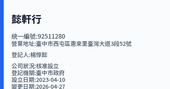 懿軒行的照片-統編 92511280(臺中市) 公司登記資料與營業項目詳細圖表