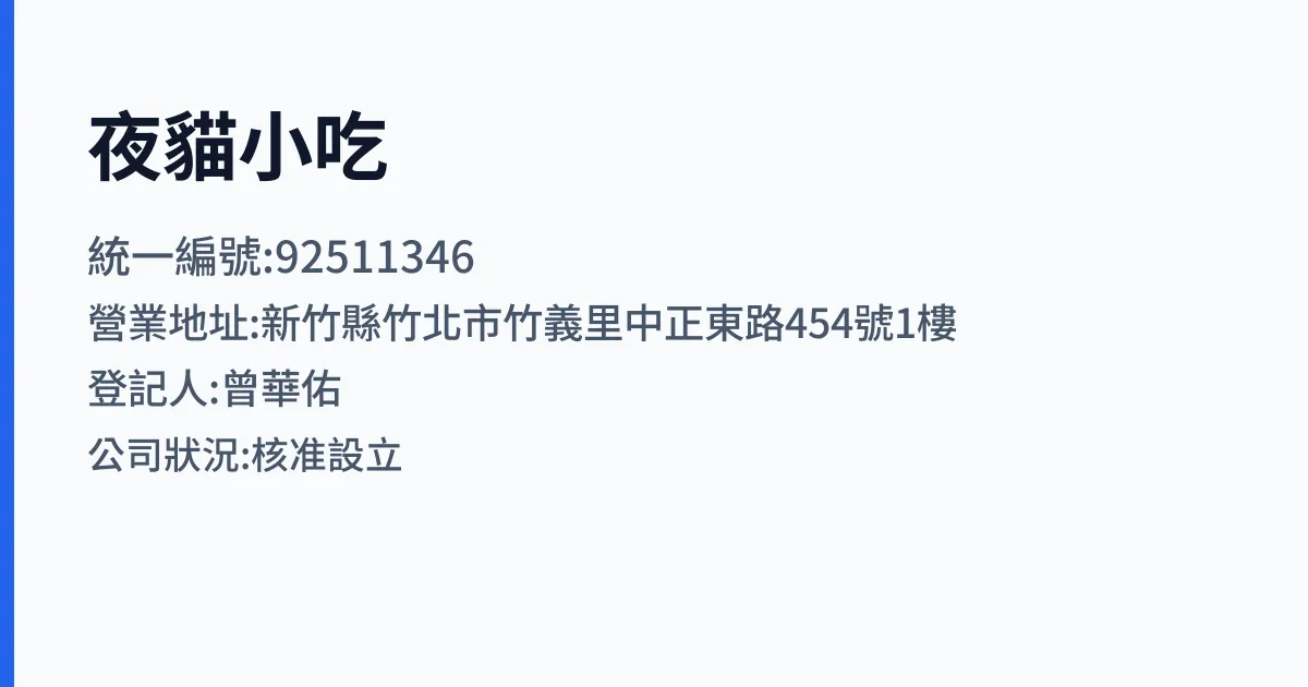 夜貓小吃 - 統編 92511346（新竹縣） 公司登記資料與營業項目詳細圖表
