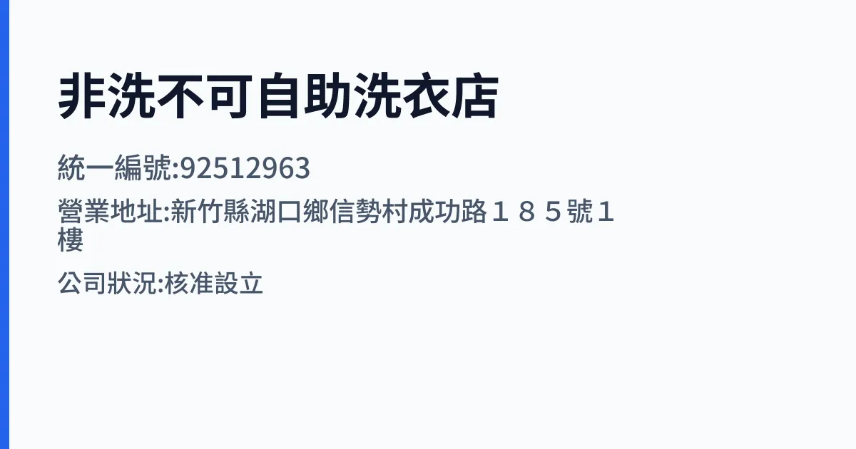 非洗不可自助洗衣店 - 統編 92512963(新竹縣) 公司登記資料與營業項目詳細圖表