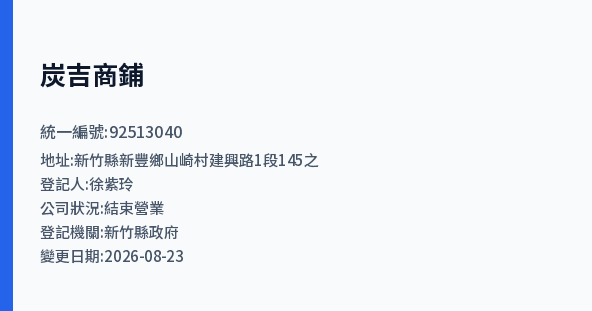 炭吉商鋪的照片-統編 92513040(新竹縣) 公司登記資料與營業項目詳細圖表