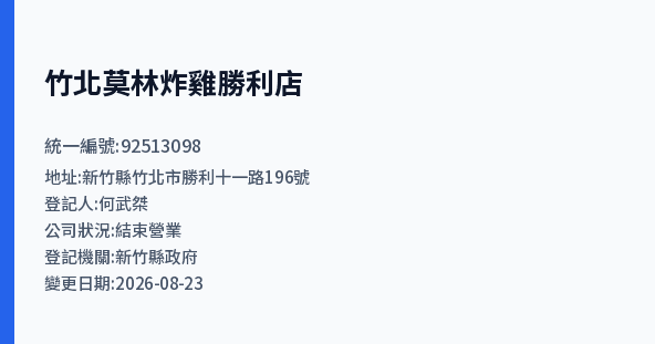 竹北莫林炸雞勝利店的照片-統編 92513098(新竹縣) 公司登記資料與營業項目詳細圖表