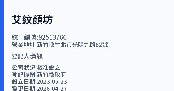 艾紋顏坊的照片-統編 92513766(新竹縣) 公司登記資料與營業項目詳細圖表