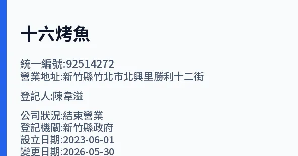 十六烤魚的照片-統編 92514272(新竹縣) 公司登記資料與營業項目詳細圖表