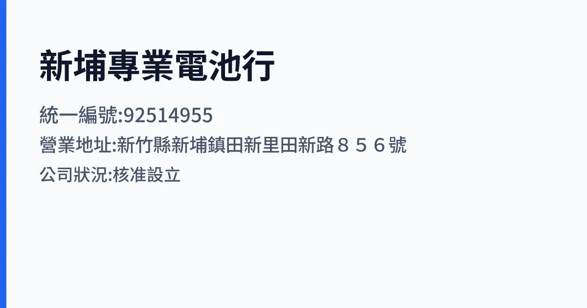 新埔專業電池行 - 統編 92514955(新竹縣) 公司登記資料與營業項目詳細圖表