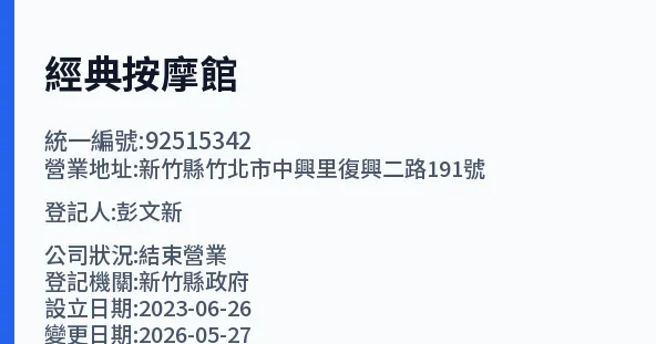 經典按摩館的照片-統編 92515342(新竹縣) 公司登記資料與營業項目詳細圖表