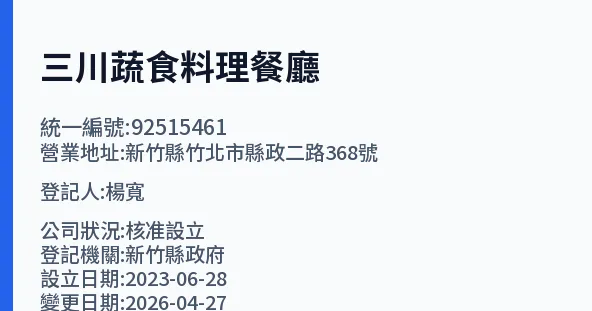 三川蔬食料理餐廳的照片-統編 92515461(新竹縣) 公司登記資料與營業項目詳細圖表