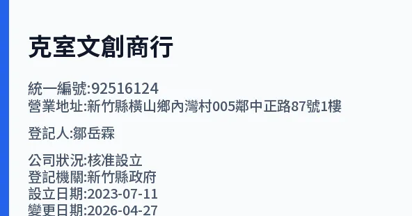 克室文創商行的照片-統編 92516124(新竹縣) 公司登記資料與營業項目詳細圖表