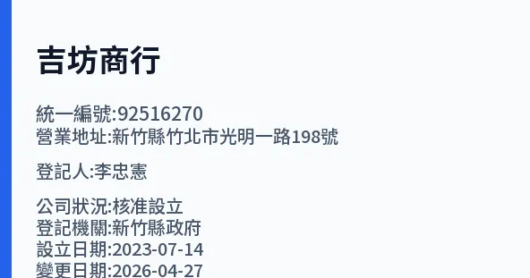 吉坊商行的照片-統編 92516270(新竹縣) 公司登記資料與營業項目詳細圖表