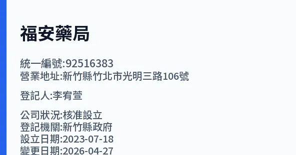 福安藥局的照片-統編 92516383(新竹縣) 公司登記資料與營業項目詳細圖表