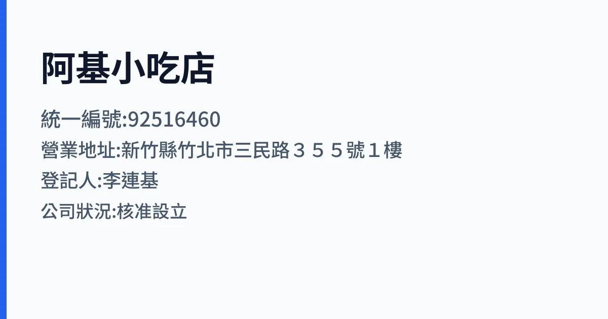 阿基小吃店 - 統編 92516460(新竹縣) 公司登記資料與營業項目詳細圖表