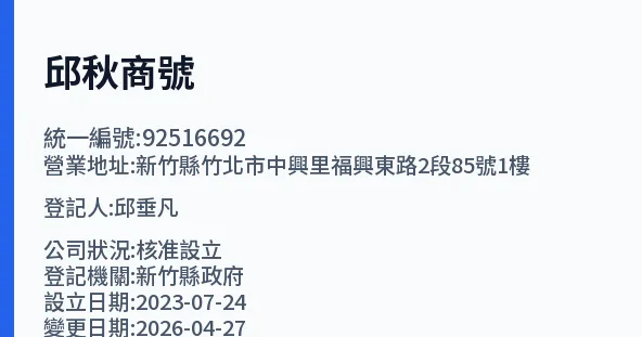 邱秋商號的照片-統編 92516692(新竹縣) 公司登記資料與營業項目詳細圖表