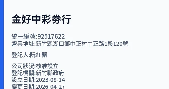 金好中彩劵行的照片-統編 92517622(新竹縣) 公司登記資料與營業項目詳細圖表