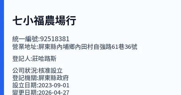 七小福農場行的照片-統編 92518381(屏東縣) 公司登記資料與營業項目詳細圖表