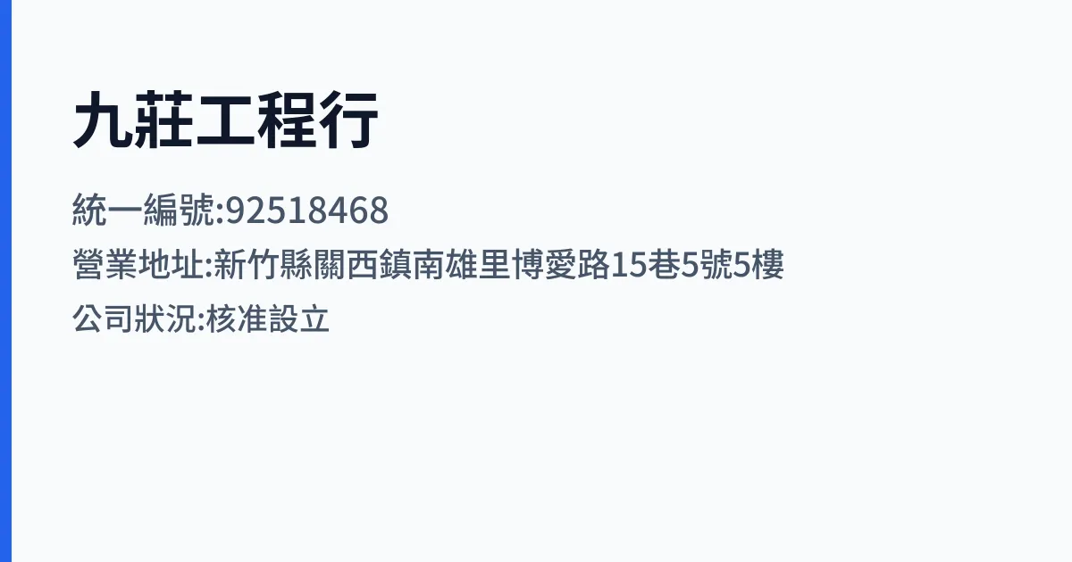 九莊工程行 - 統編 92518468(新竹縣) 公司登記資料與營業項目詳細圖表