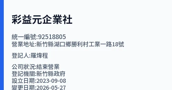 彩益元企業社的照片-統編 92518805(新竹縣) 公司登記資料與營業項目詳細圖表