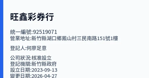 旺鑫彩券行的照片-統編 92519071(新竹縣) 公司登記資料與營業項目詳細圖表
