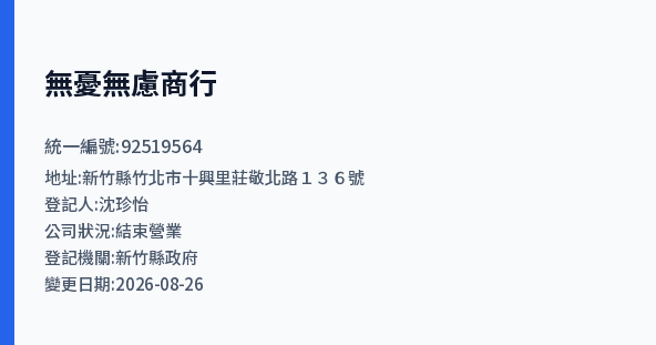 無憂無慮商行的照片-統編 92519564(新竹縣) 公司登記資料與營業項目詳細圖表