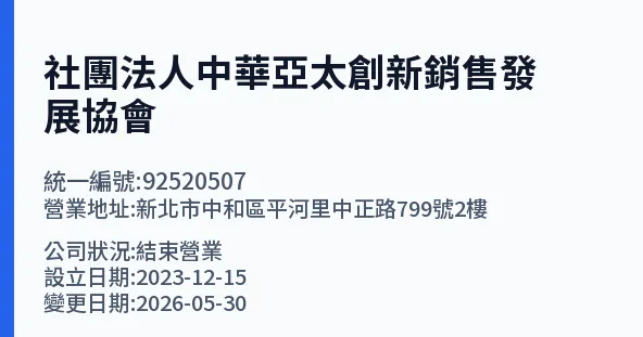 社團法人中華亞太創新銷售發展協會的照片-統編 92520507(新北市) 公司登記資料與營業項目詳細圖表