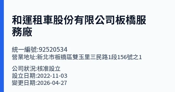 和運租車股份有限公司板橋服務廠的照片-統編 92520534(新北市) 公司登記資料與營業項目詳細圖表
