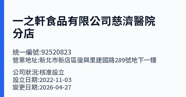 一之軒食品有限公司慈濟醫院分店的照片-統編 92520823(新北市) 公司登記資料與營業項目詳細圖表