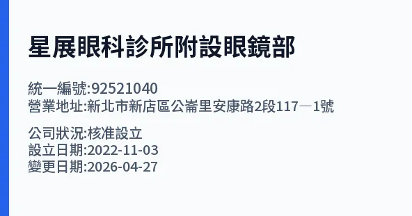 星展眼科診所附設眼鏡部的照片-統編 92521040(新北市) 公司登記資料與營業項目詳細圖表