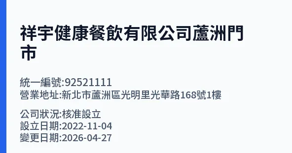 祥宇健康餐飲有限公司蘆洲門市的照片-統編 92521111(新北市) 公司登記資料與營業項目詳細圖表