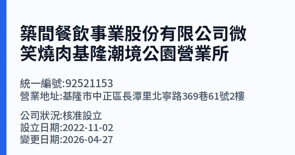 築間餐飲事業股份有限公司微笑燒肉基隆潮境公園營業所的照片-統編 92521153(基隆市) 公司登記資料與營業項目詳細圖表