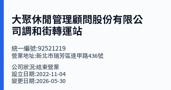 大聚休閒管理顧問股份有限公司調和街轉運站的照片-統編 92521219(新北市) 公司登記資料與營業項目詳細圖表