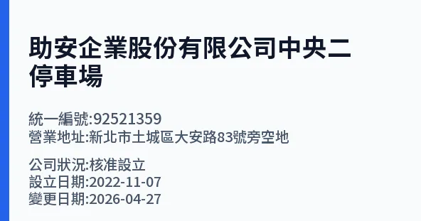 助安企業股份有限公司中央二停車場的照片-統編 92521359(新北市) 公司登記資料與營業項目詳細圖表
