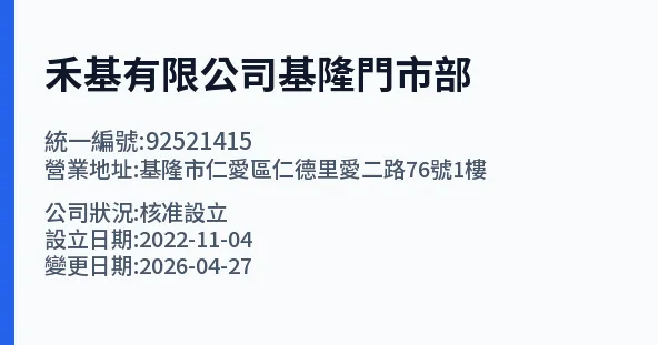 禾基有限公司基隆門市部的照片-統編 92521415(基隆市) 公司登記資料與營業項目詳細圖表