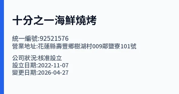 十分之一海鮮燒烤的照片-統編 92521576(花蓮縣) 公司登記資料與營業項目詳細圖表